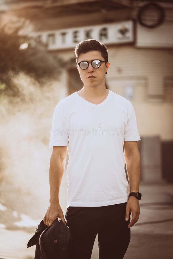 Guy Stand on the City Street, Look Camera and Around Stock Photo ...