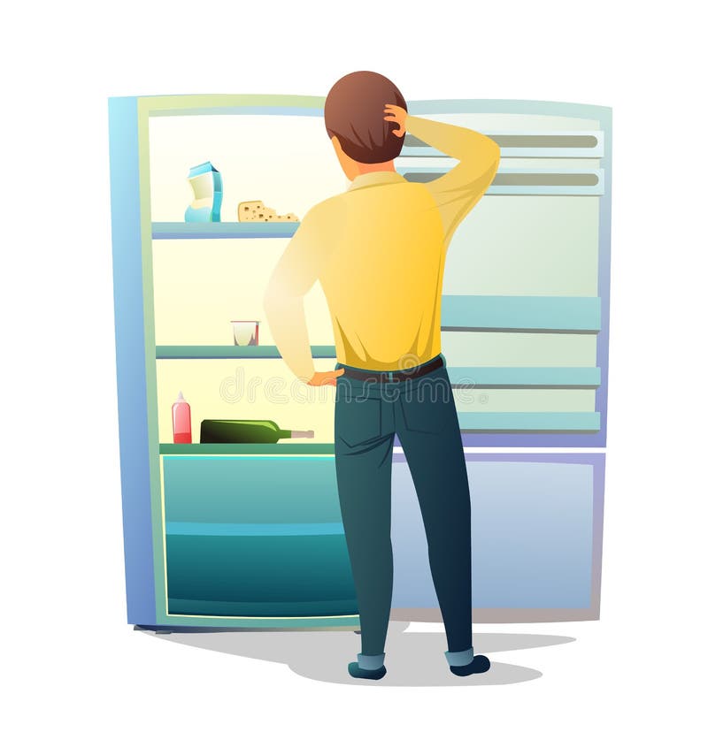Guy Stands in Front of Empty Refrigerator. No Food. Kitchen Interior ...