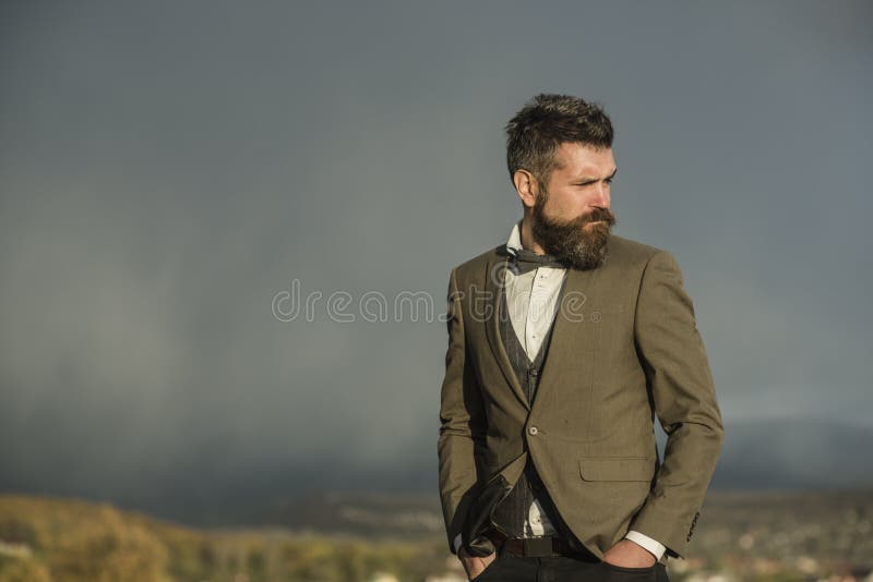 Guy with Strict Face in Suit Enjoy Scenery and Loneliness. Stock Photo ...