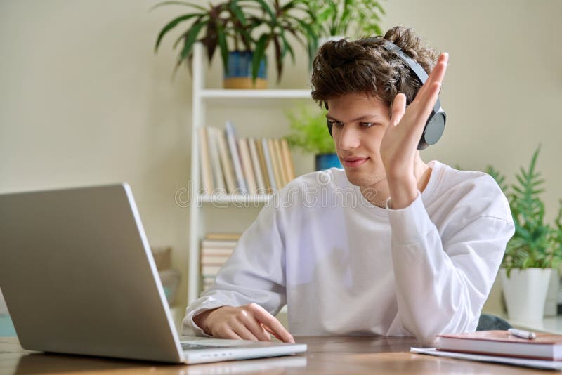 Guy Student in Headphones Looking at Web Cam Computer, Talking Studying ...