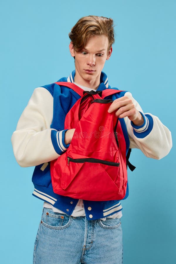 Guy Student with a Red Backpack Dressed Backwards Stock Image - Image ...