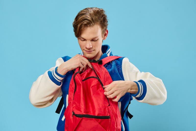 Guy Student with a Red Backpack Dressed Backwards Stock Image - Image ...