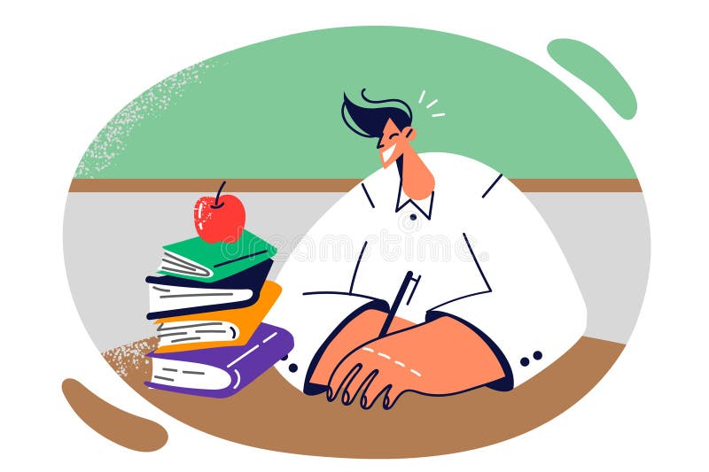Guy Student Sits at School Table with Books and Holds Pen, Recording ...
