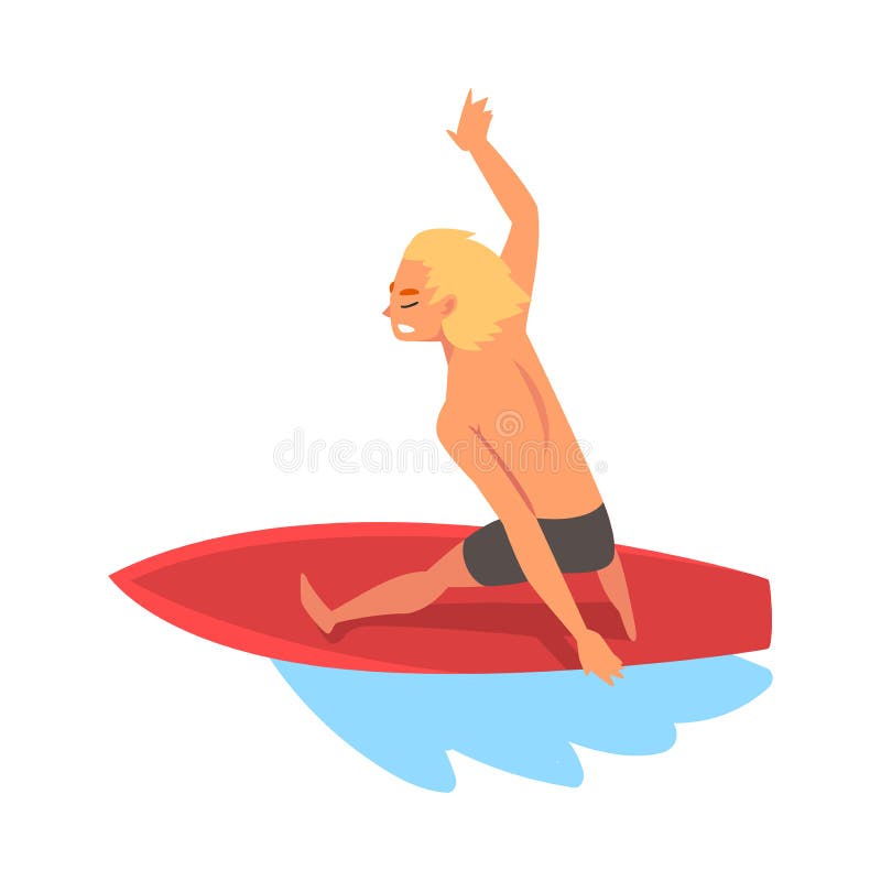Guy Riding On Ocean Wave Surfer Character In Swimwear With Surfboard