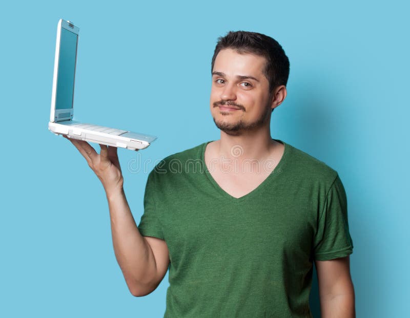 Guy in T-shirt with Laptop Computer Stock Image - Image of cool ...