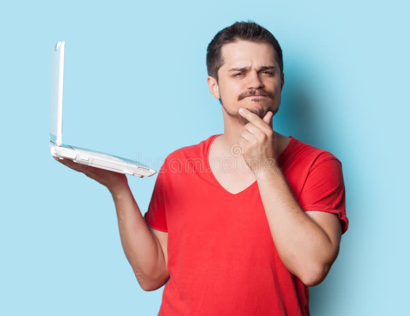 Guy in T-shirt with Laptop Computer Stock Image - Image of portrait ...