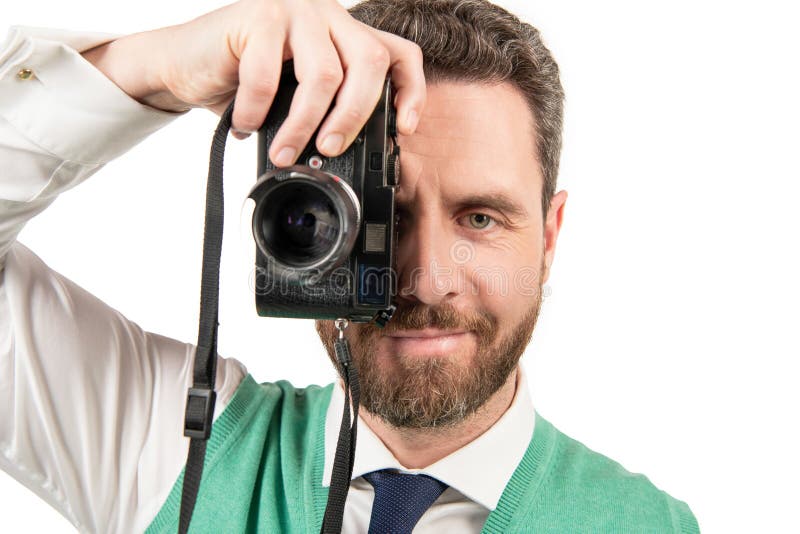 Guy Taking Camera with Retro Camera Isolated on White Backdrop, Copy ...