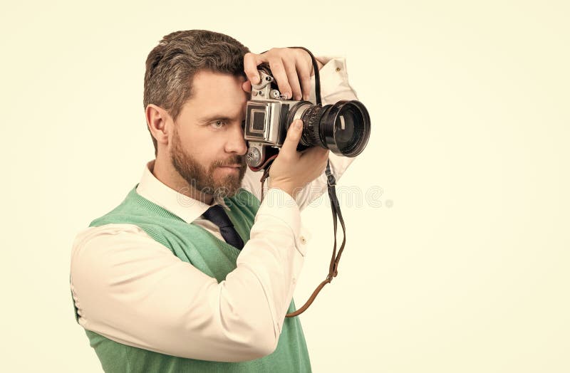 Guy Taking Camera with Retro Camera Isolated on White Backdrop, Copy ...
