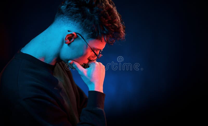 Guy is Thinking. Neon Lighting Stock Image - Image of illumination ...