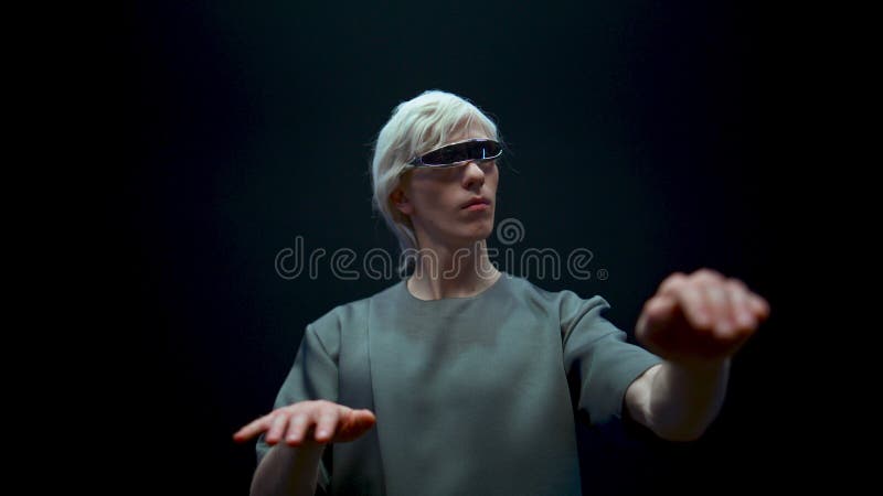 Guy Typing Vr Glasses in Light Closeup. Metaverse Player Experiencing ...