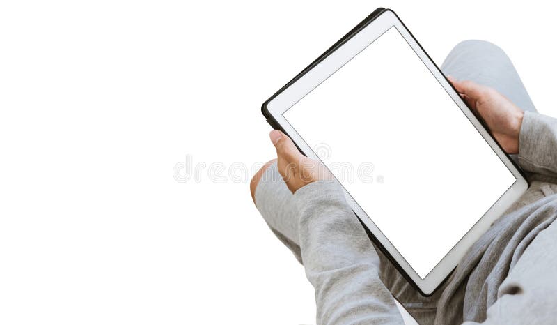 A Guy Using Digital Tablet, Copy Space on Screen, Isolated on White ...