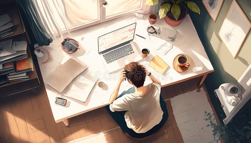 A Guy Using a Laptop at Home To Attend Online Classes, Surrounded by a ...