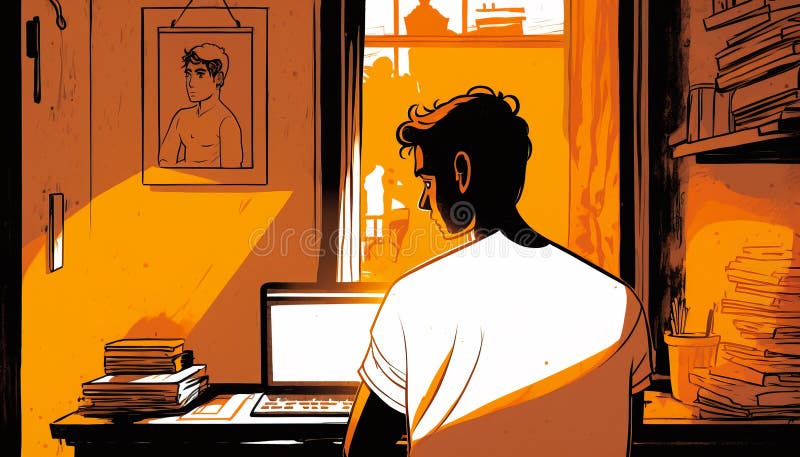 A Guy Using a Laptop at Home To Attend Online Classes, Surrounded by a ...