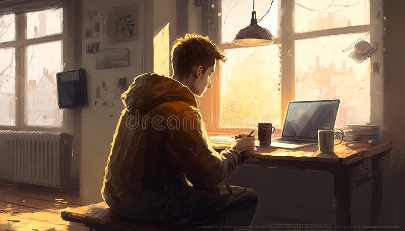 A Guy Using a Laptop at Home To Attend Online Classes, Surrounded by a ...