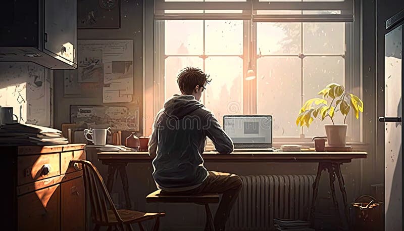 A Guy Using a Laptop at Home To Attend Online Classes, Surrounded by a ...