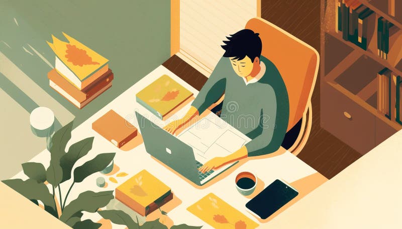 A Guy Using a Laptop at Home To Attend Online Classes, Surrounded by a ...