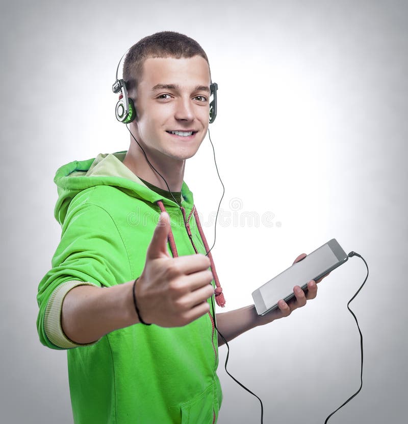 Guy Using Phone with Headphones Stock Photo - Image of computer, person ...