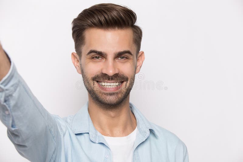 Guy Using Smartphone View from Web Camera Isolated on White Stock Photo ...