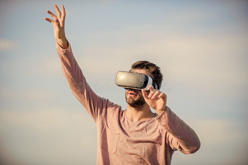 Guy Virtual Reality Goggles. Using VR Technologies. Digital Future and ...