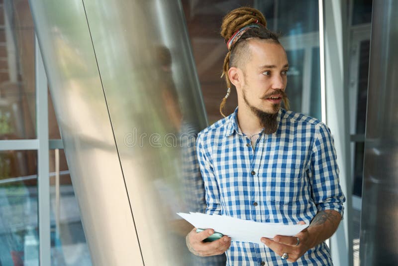 Guy Was Informal with Work Papers in Front View Window Stock Image ...