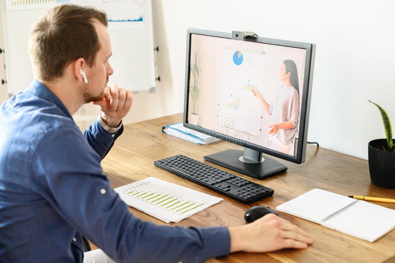 A Guy is Watching Video Training, Webinar Stock Image - Image of adult ...