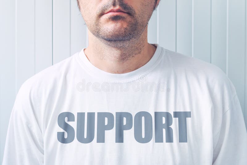Guy Wearing White T-shirt with Support Label Stock Photo - Image of ...