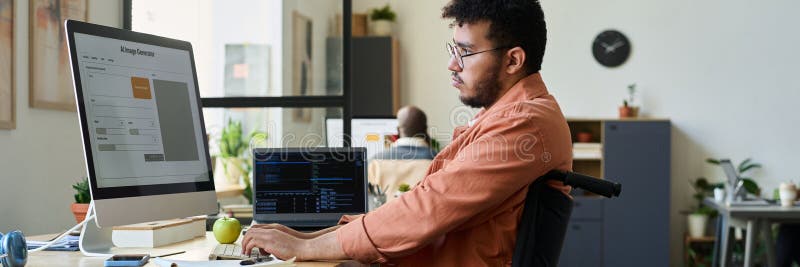 Guy in Wheelchair Working on Computer Stock Image - Image of create ...