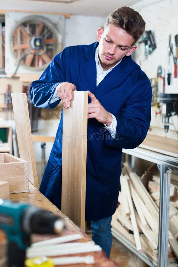 Guy Woodworker Adjusting Chipboard at Workplace Stock Image - Image of ...