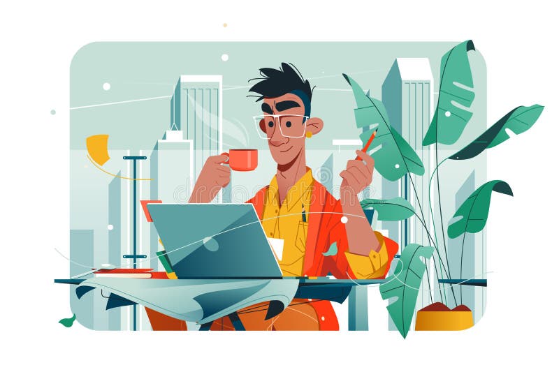 Guy Working at Laptop and Drinking Coffee Stock Vector - Illustration ...