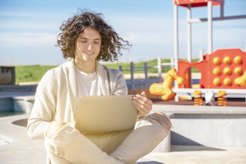 Guy Working Remotely Outdoor Stock Photo - Image of online, computer ...