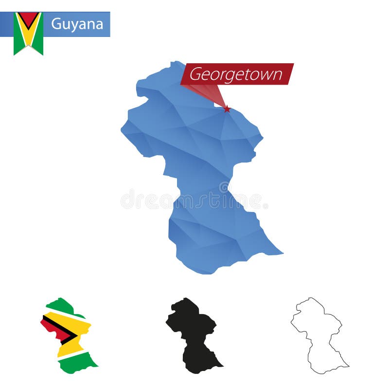 Guyana Blue Low Poly Map with Capital Georgetown Stock Vector ...
