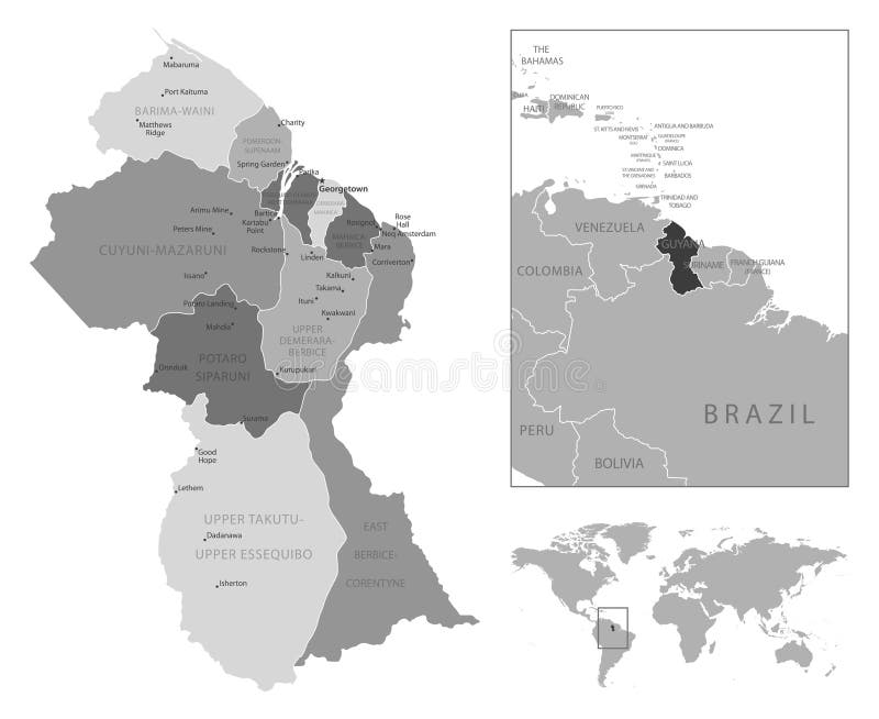 Guyana Map, Black and White Detailed Outline Regions of the Country ...