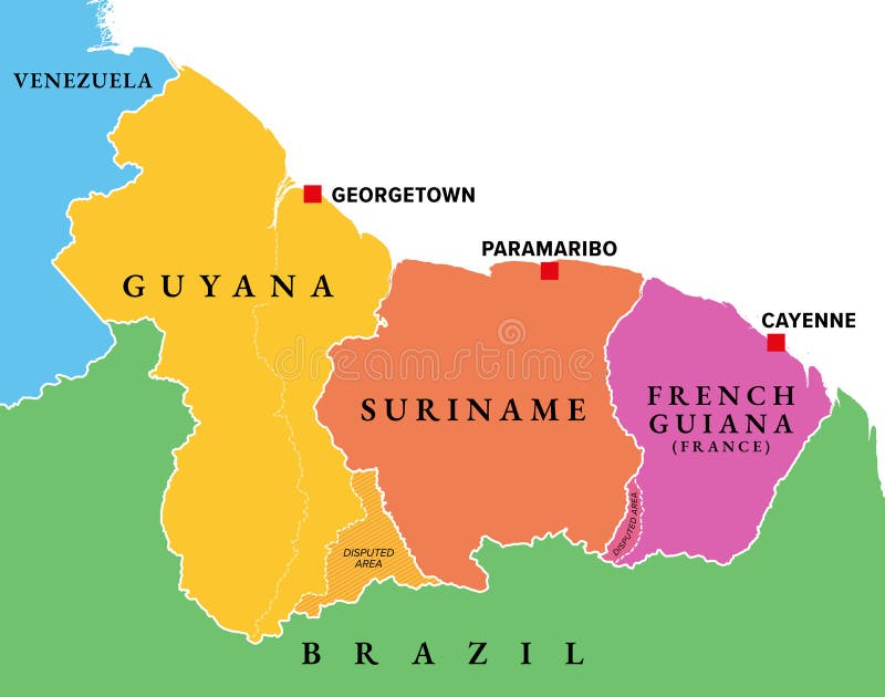 Guyana, Suriname, and French Guiana, Colorful Political Map Stock ...