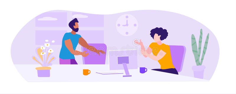 Guys with Computer and Laptop Talking in Office, Vector Illustration ...