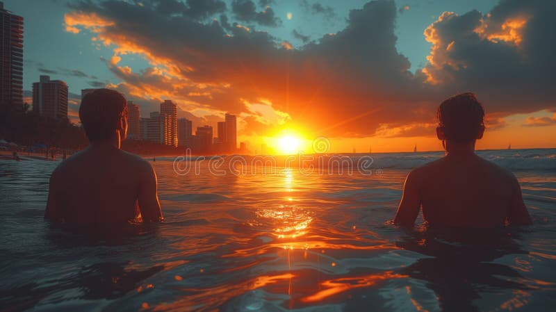 Guys in the Sea Looking at the Sunset Stock Illustration - Illustration ...
