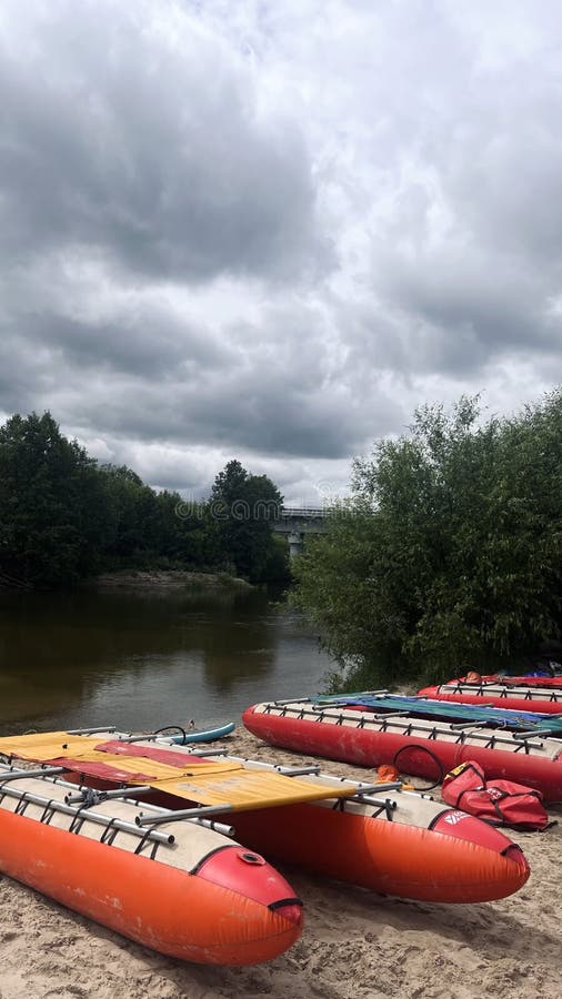 Guys, Young Women and Men Raft Down the River in Summer Stock Photo ...
