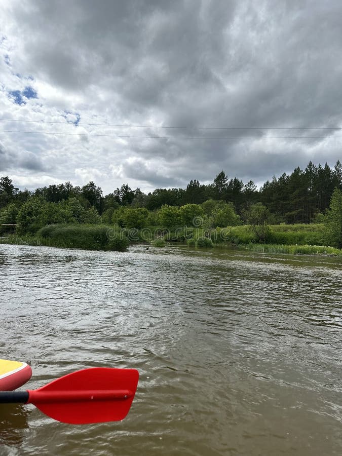 Guys, Young Women and Men Raft Down the River in Summer Stock Photo ...