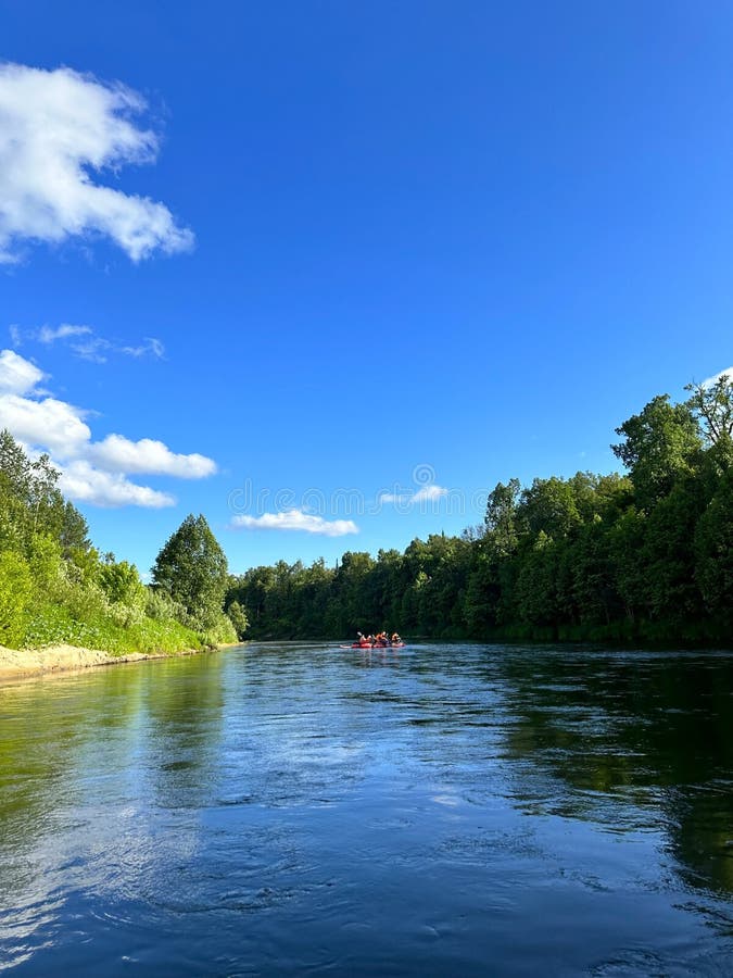 Guys, Young Women and Men Raft Down the River in Summer Stock Image ...