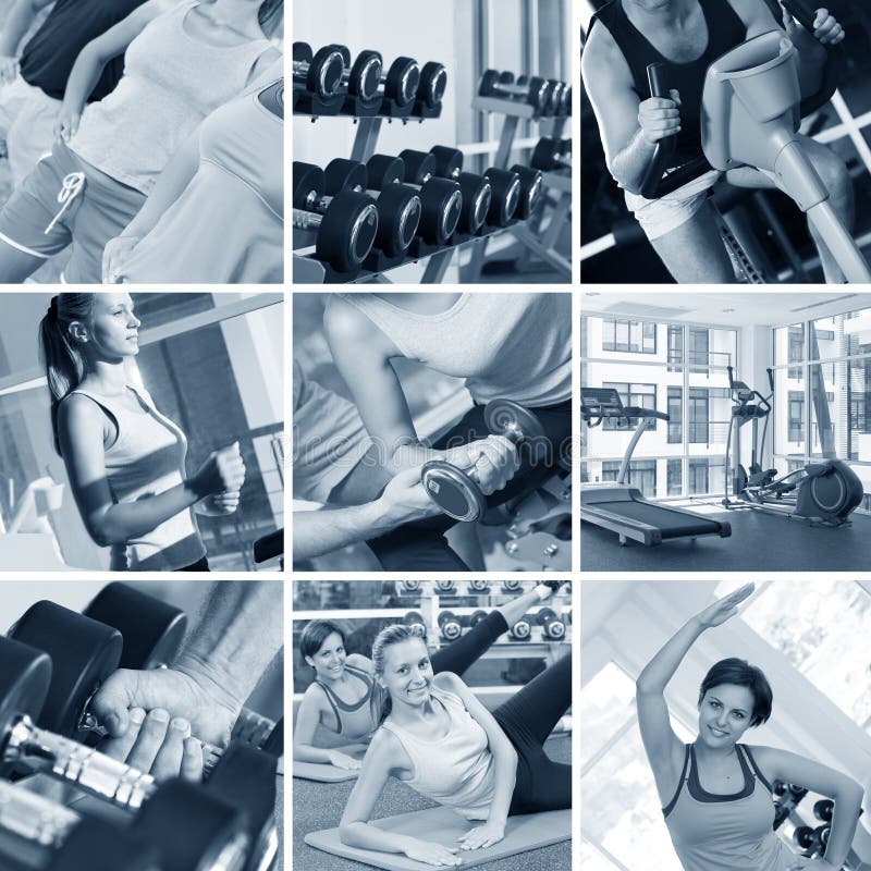 Gym collage stock image. Image of abdomen, dumbbell, coach - 11611687