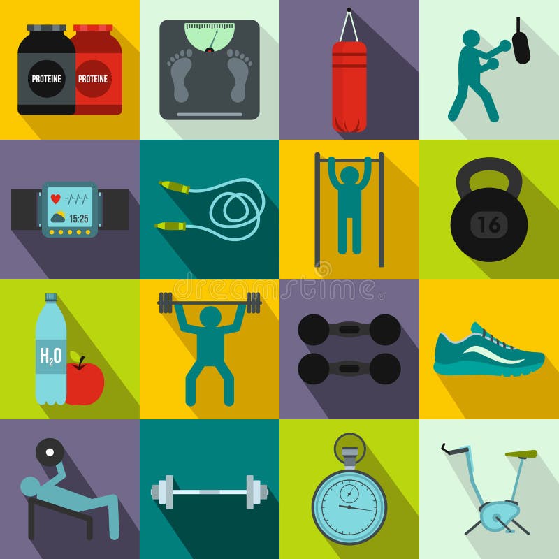 Gym icons set, flat style stock vector. Illustration of exercise - 69652137