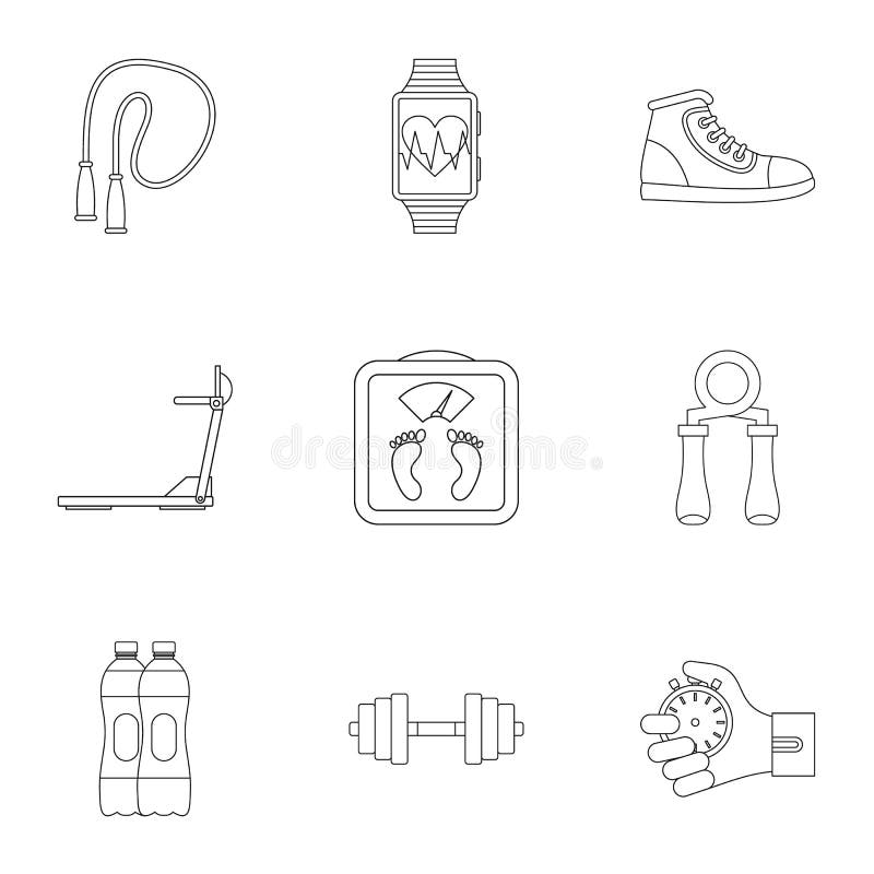 Gym Icons Set, Outline Style Stock Vector - Illustration of black ...