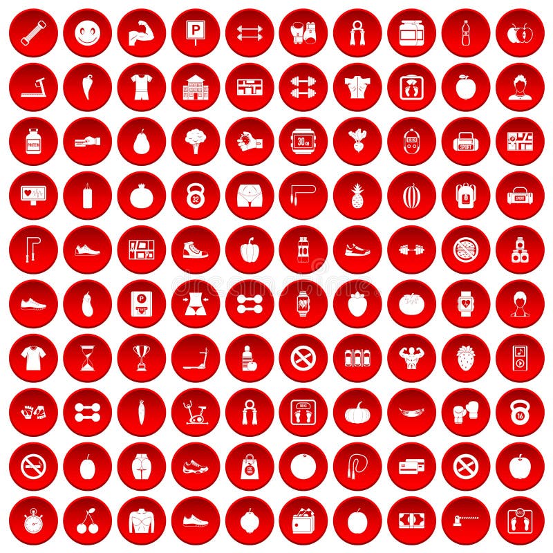 100 gym icons set red stock vector. Illustration of exercise - 96647257