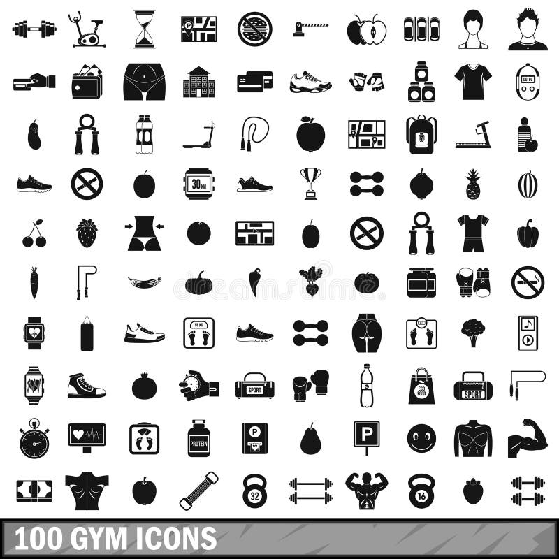 100 Gym Icons Set in Simple Style Stock Vector - Illustration of time ...