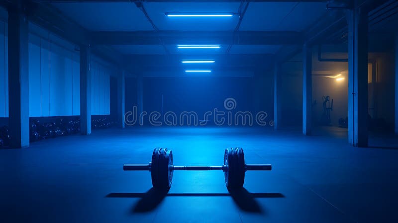 Gym Interior Night: Illuminated Barbell with Weights Stock Image ...