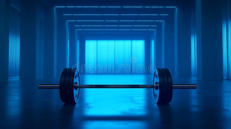 Gym Interior Night: Illuminated Barbell with Weights Stock Photo ...