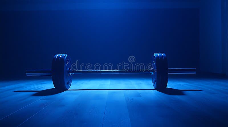 Gym Interior Night: Illuminated Barbell with Weights Stock Photo ...