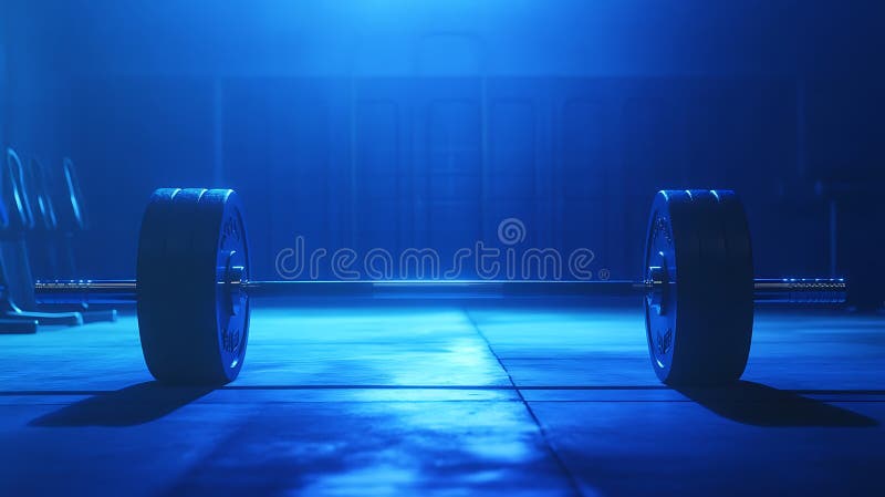 Gym Interior Night: Illuminated Barbell with Weights Stock Image ...