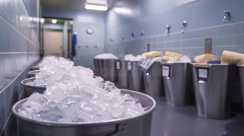 A Gym Locker Room with Several Buckets Filled with Ice and Towels ...