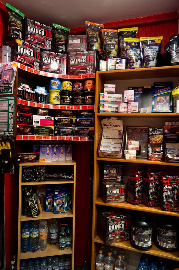 Gym reception shelves editorial stock photo. Image of supplements ...