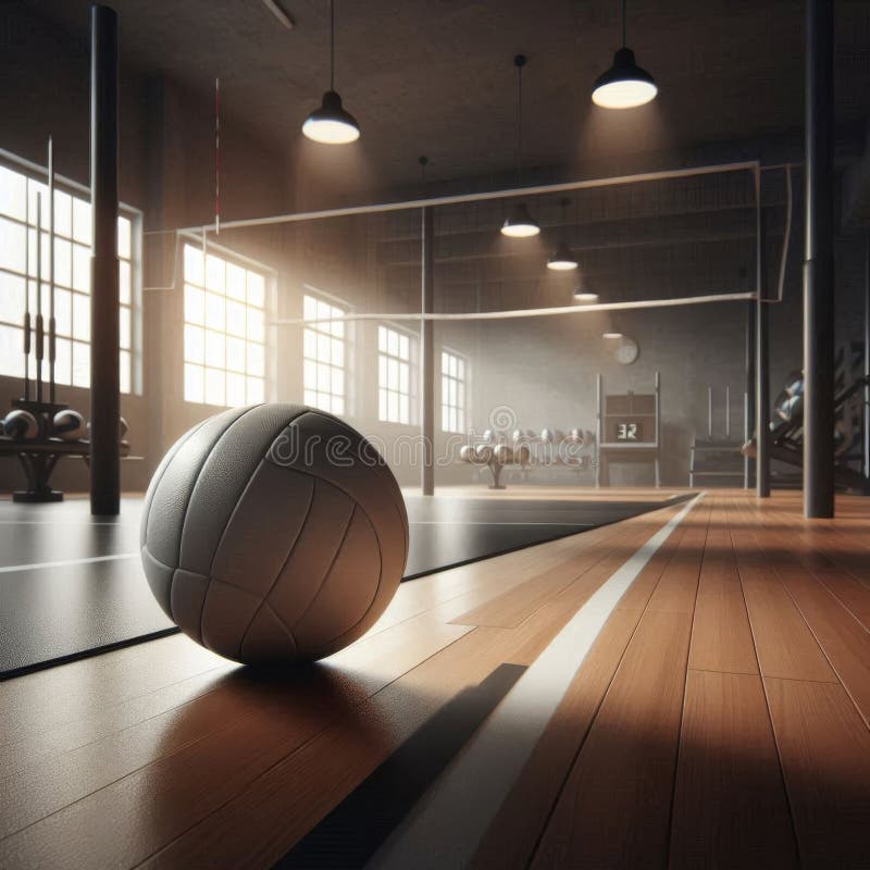 Gym Scene with a Volleyball Lying on the Line, No One Present Stock ...